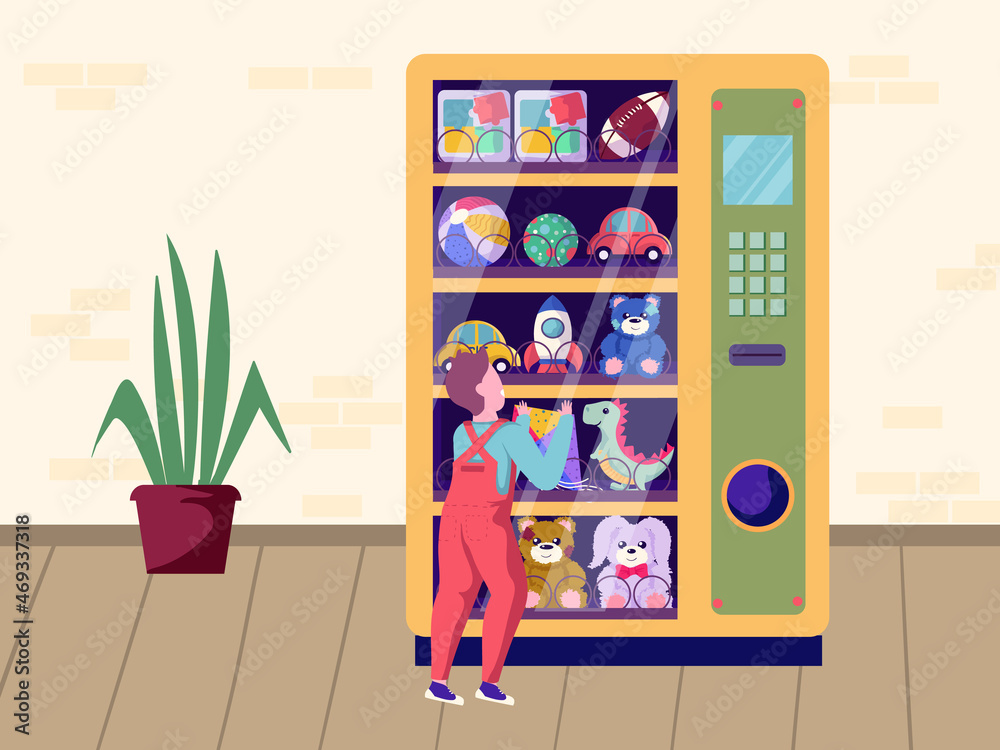 Happy little kid wishes to buy toys from vending machine with ball, teddy bear, car, rocket ...