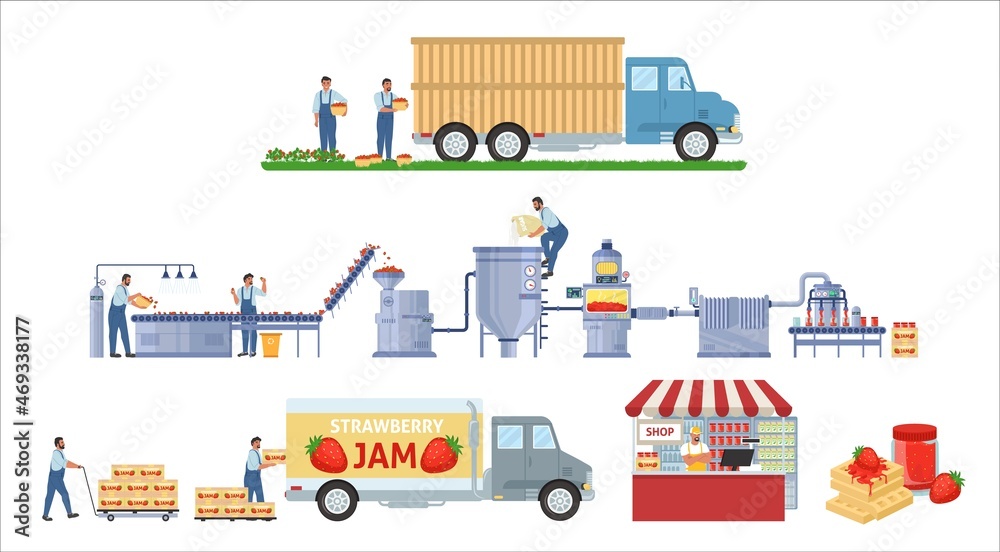 Strawberry jam production vector infographic. Fruit harvest. Factory ...