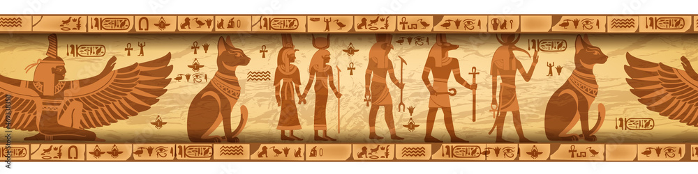 Egypt stone border, vector seamless papyrus ornament, god silhouette ...