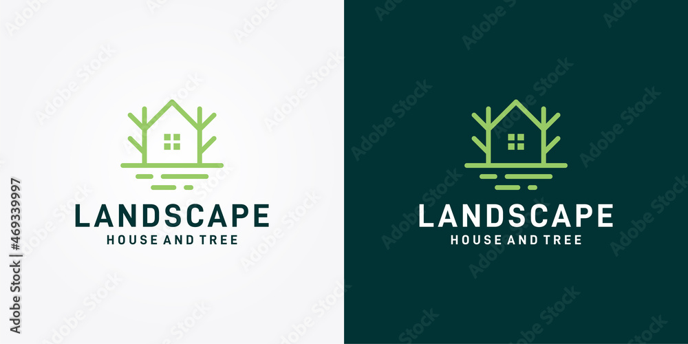 Modern tree with house shape logo design illustration with line art ...