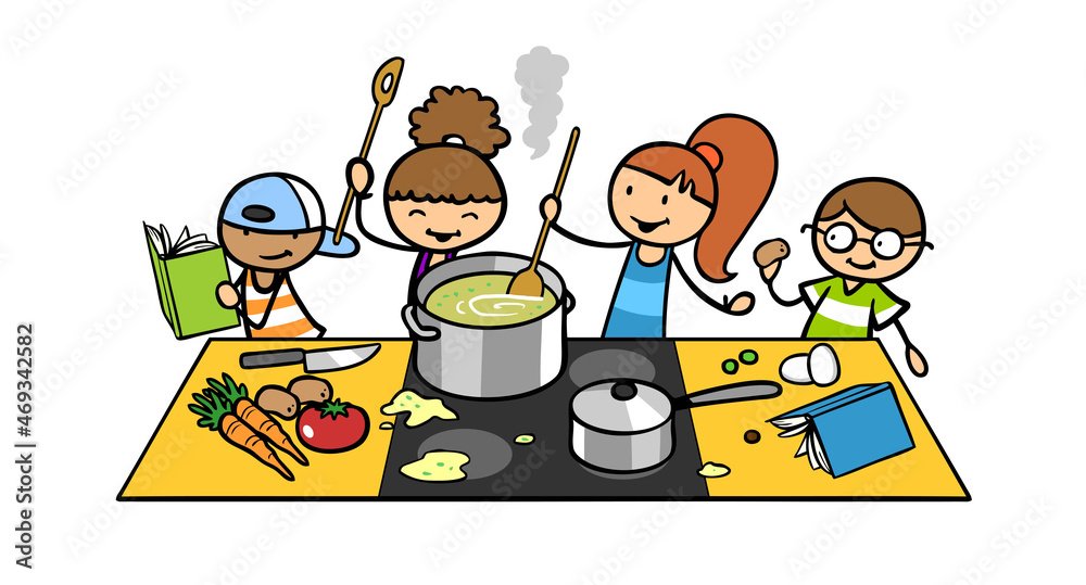 Kinder lernen zusammen Kochen in Küche Stock Illustration | Adobe Stock