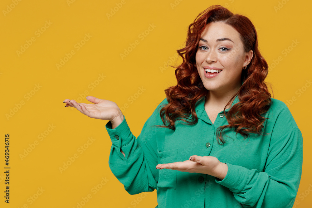 Bright happy vivid excited young ginger chubby overweight woman 20s ...