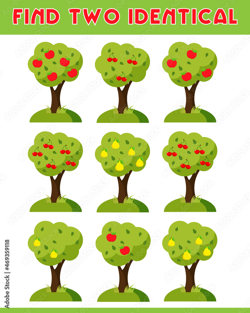 Logic puzzle game for children and adults. Need to find two identical trees. Printable page for ...