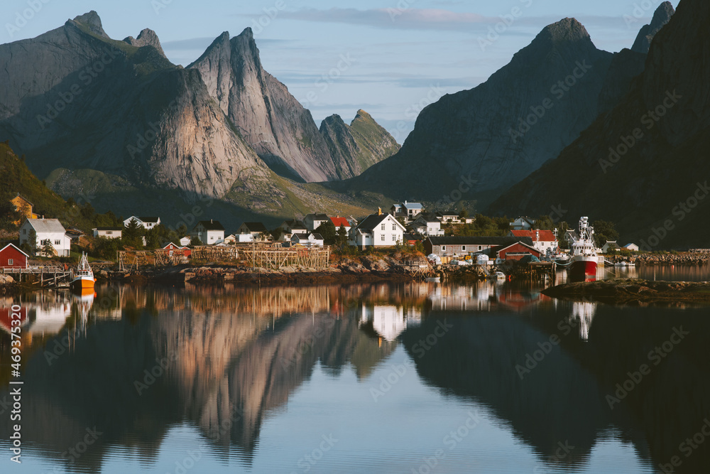 Lofoten islands in Norway landscape mountains reflection in a water ...