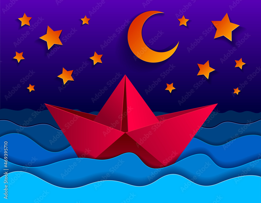 Origami paper ship toy swimming in the night with moon and stars, curvy ...