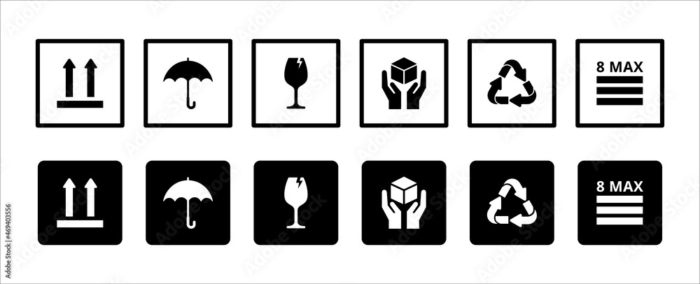 Box packaging handling instruction icon. Shipping cardboard box care ...