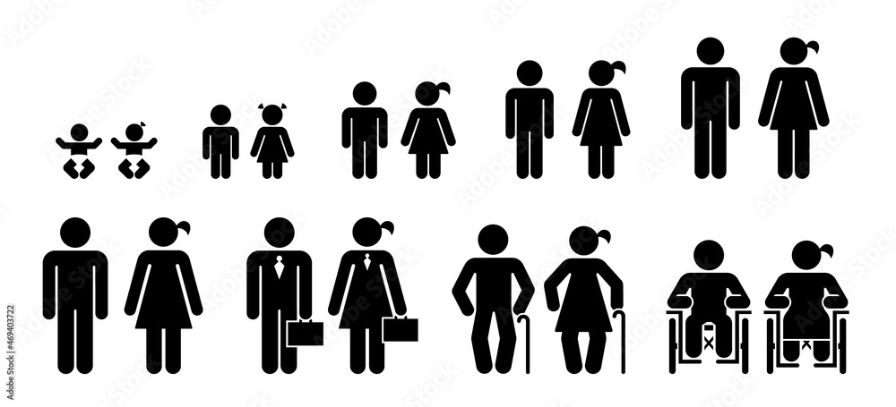 Nine stages of human life. Icon set of lifespan, infancy, toddler ...