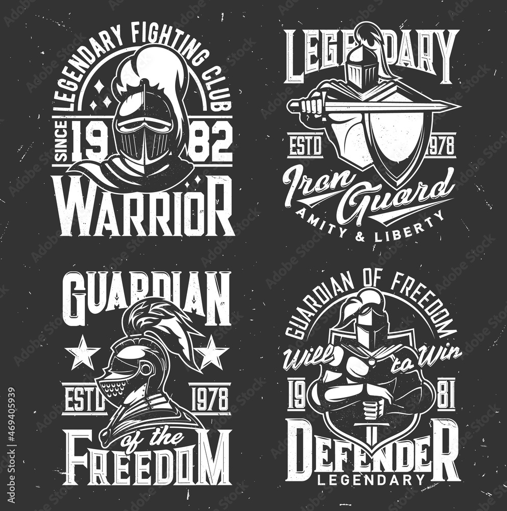 Knight warrior heraldic shields and t-shirt prints, vector fight club ...