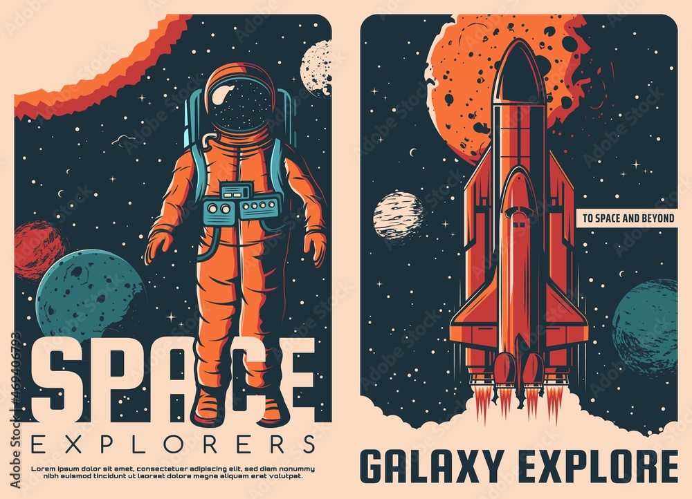 Astronaut and spaceship retro posters. Galaxy exploration, space travel ...