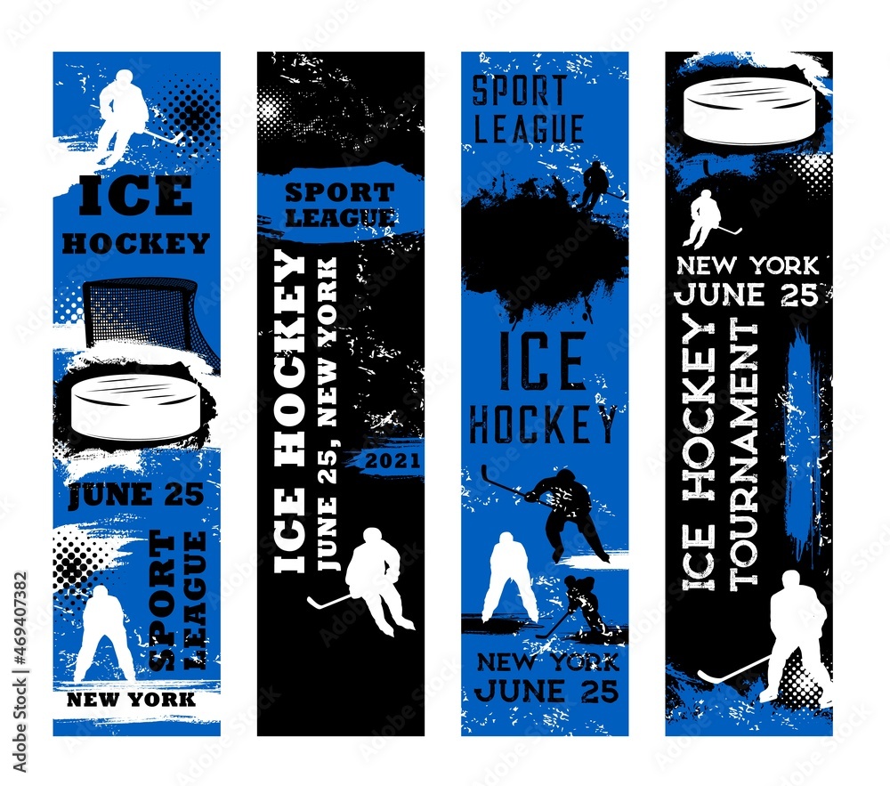 Ice hockey sport grunge banners with players of hockey team, vector ...