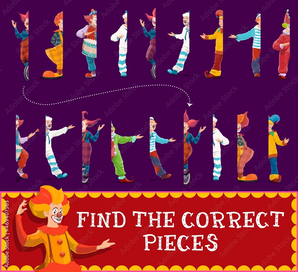 Half pieces kids game with circus clowns. Education puzzle, matching ...