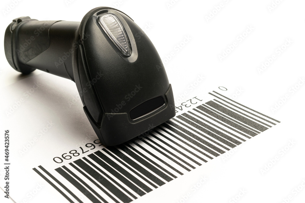 Barcode scanning. Reader laser scanner for warehouse. Retail label ...