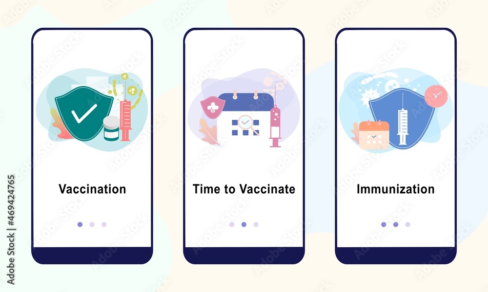 Mobile application design template set for vaccination, time to vaccinate, immunization. Health ...