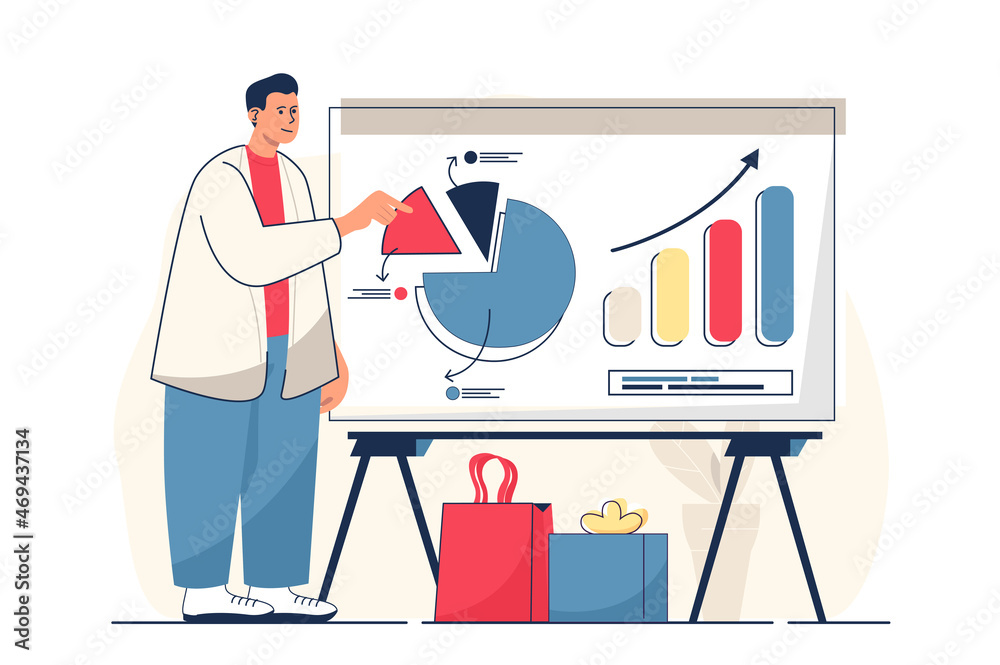 Sales performance concept for web banner. Man analyzes financial data ...