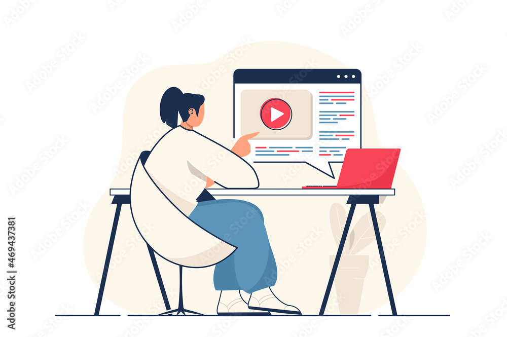 Video marketing concept for web banner. Woman creates and publishes ...