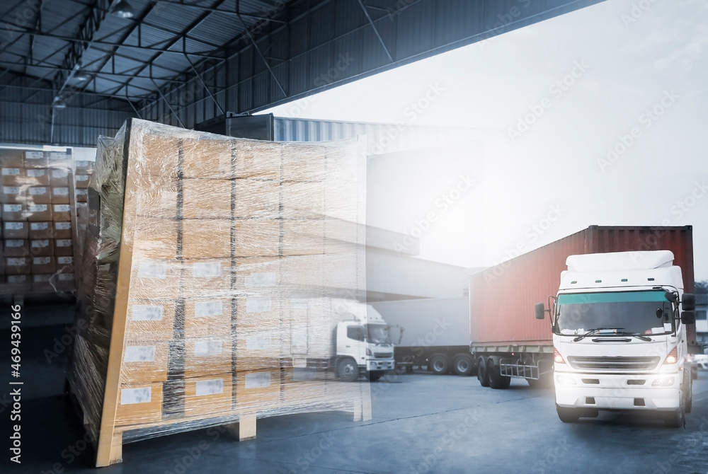 Double Exposure of Package Boxes with Semi Trailer Container Truck ...