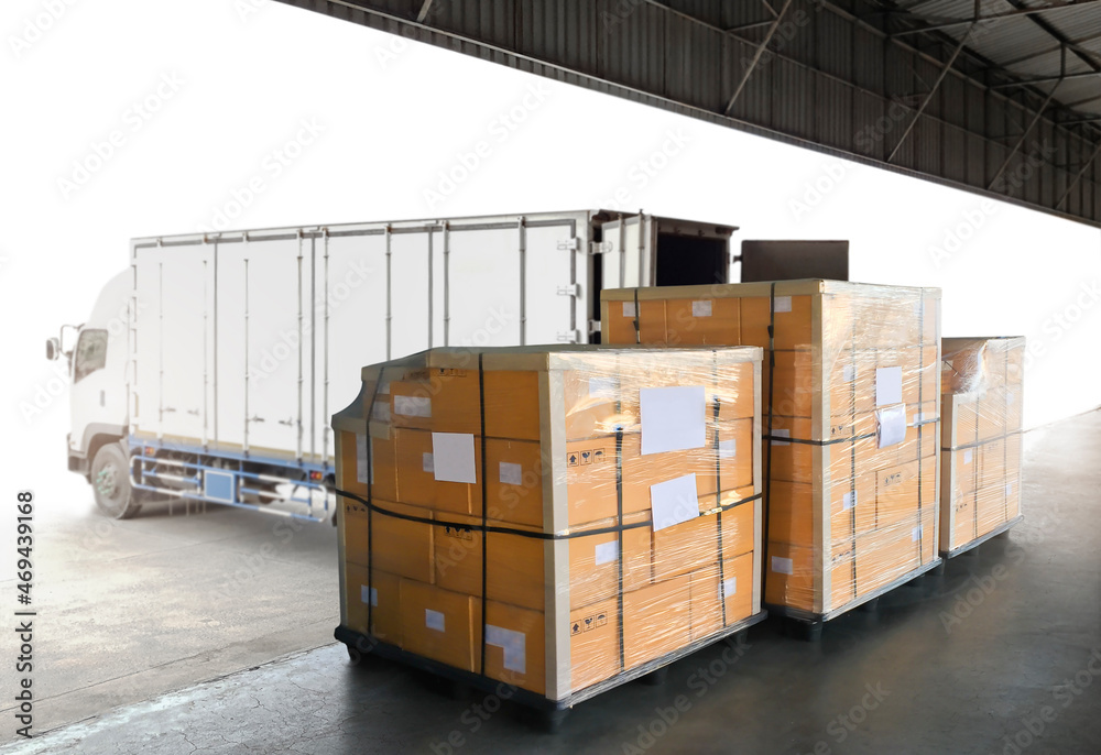 Package Boxes Wrapped Plastic Film on Pallets Loading with Shipping ...