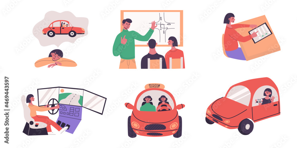 Driving school set with tiny people concepts. Stages of education ...