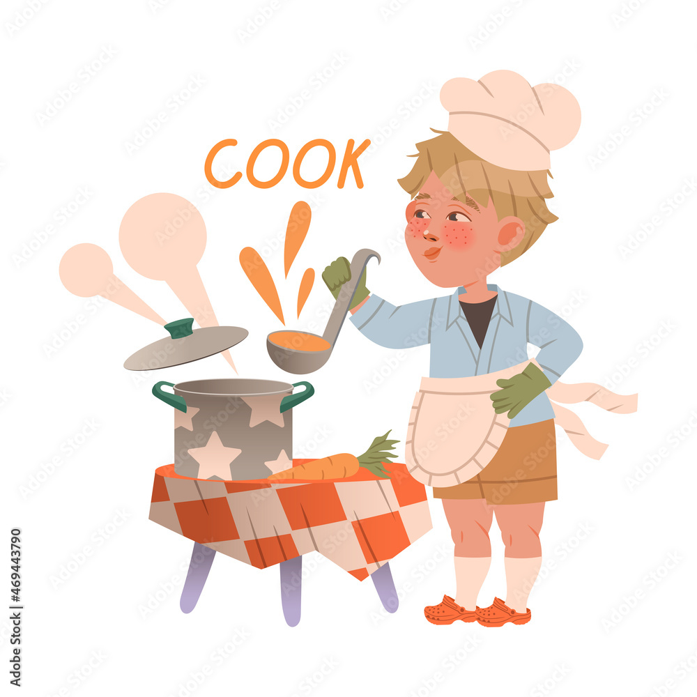Cute little boy cooking in the kitchen. Verb expressing action ...
