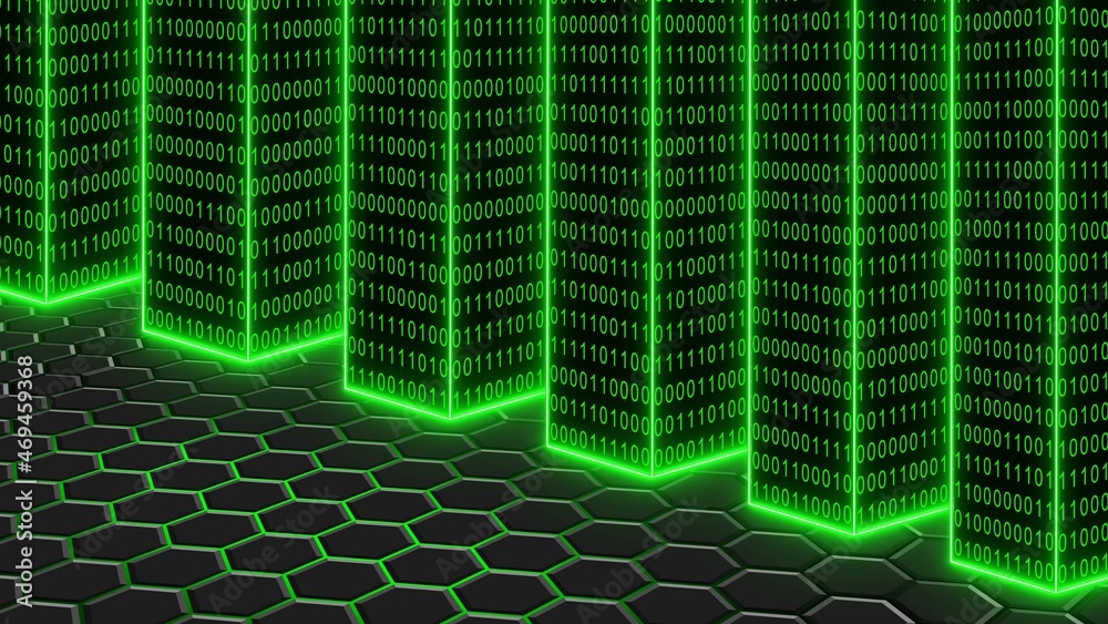 Abstract green technology background - illuminated pillars of binary ...