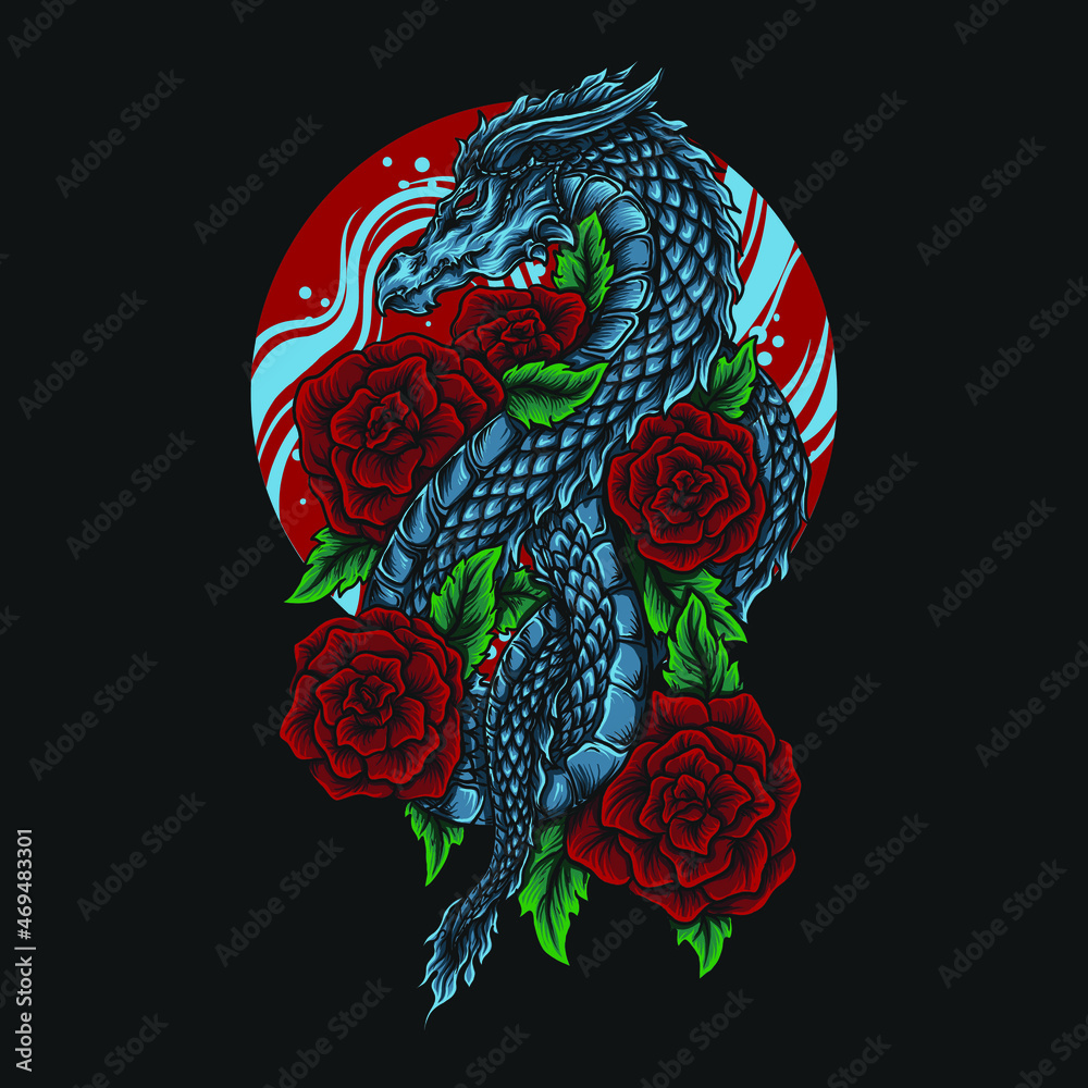 artwork illustration and t shirt design dragon and rose Stock Vector ...
