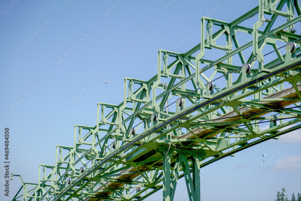 Steel construction of a cable car with riveted steel girders, steel ...