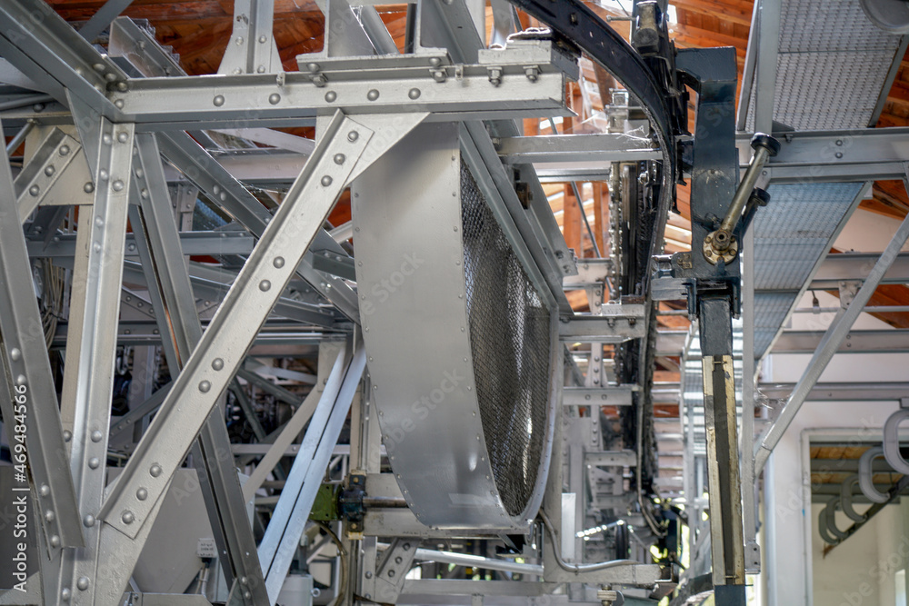 Steel construction of a cable car with riveted steel girders, steel ...