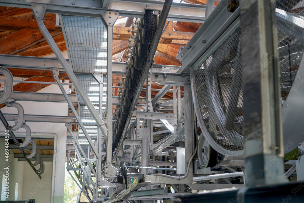 Steel construction of a cable car with riveted steel girders, steel ...