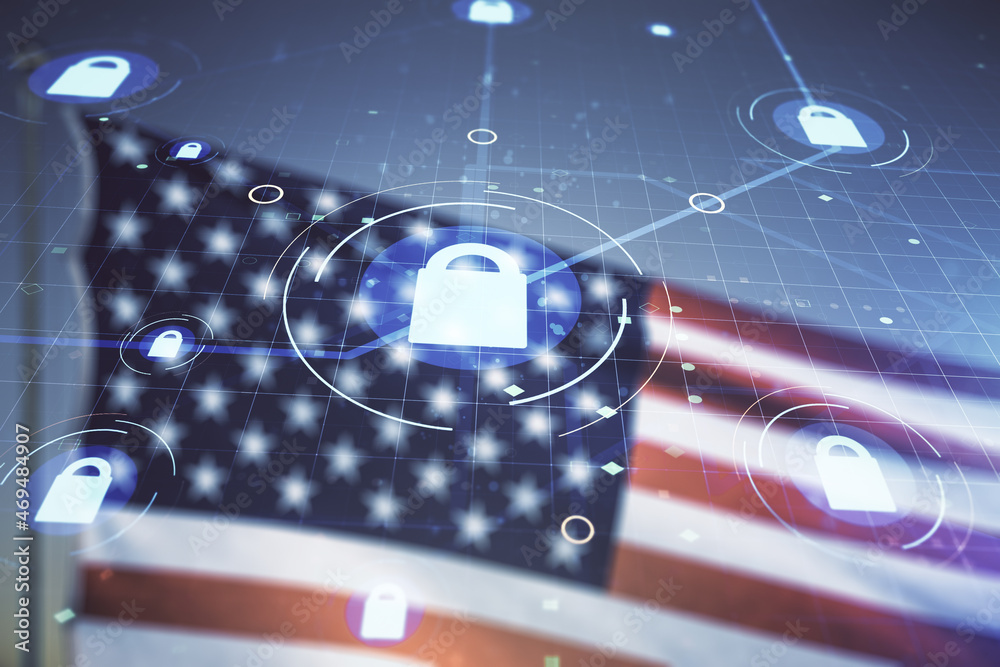 Virtual creative lock symbol and microcircuit illustration on USA flag ...