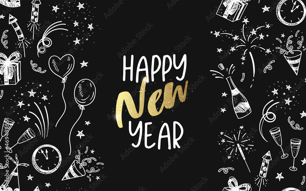 Cute hand drawn New Years design, doodle template in gold and black ...