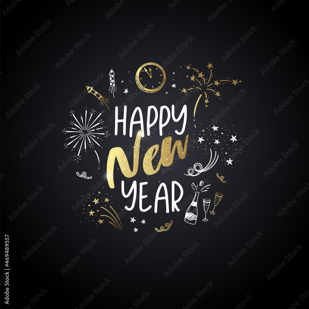Cute hand drawn New Years design, doodle template in gold and black ...