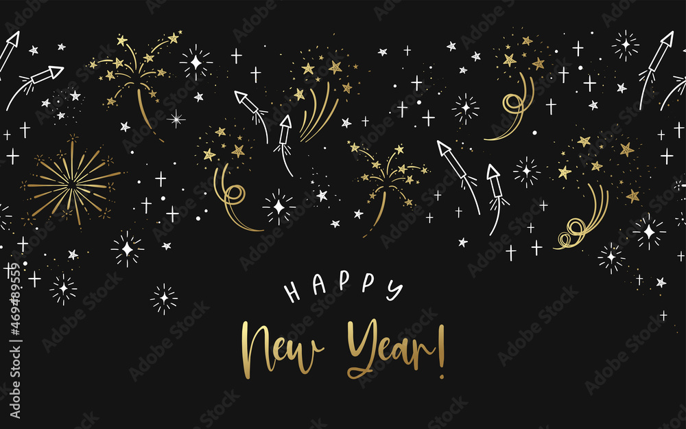 Cute hand drawn New Years design, doodle template in gold and black ...