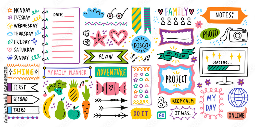 Big set. Diary bullet cute journal border elements. Note icon, sticker ...