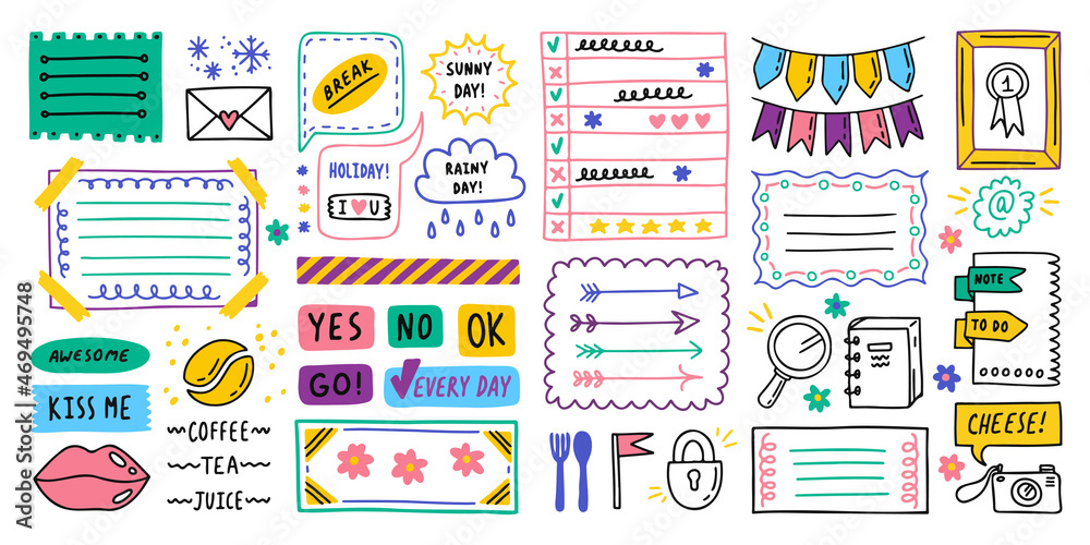Big set. Diary bullet cute journal border elements. Note icon, sticker ...