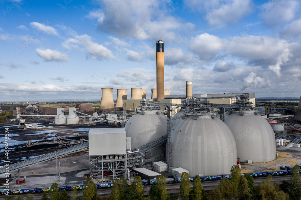 Aerial view of a coal fired Power Station Biomass fuel storage tanks ...