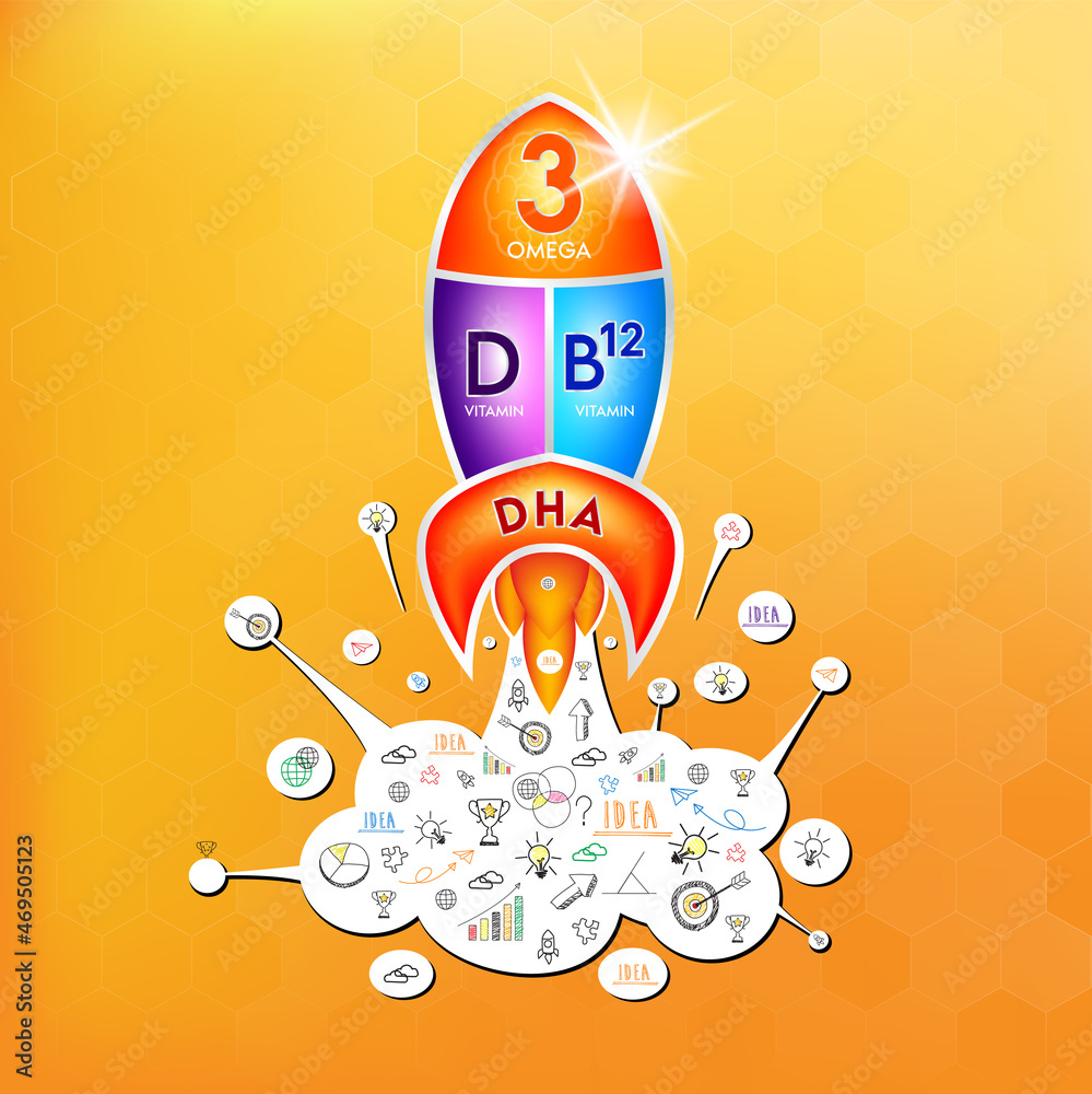 Fish oil omega 3 nutrients DHA and vitamin D, B12. Design logo products ...