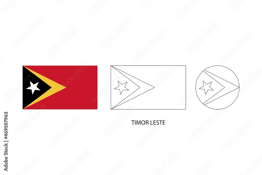 Timor Leste flag 3 versions, Vector illustration, Thin black line of ...