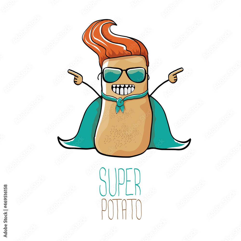vector funny cartoon cute brown super hero potato with green hero cape ...