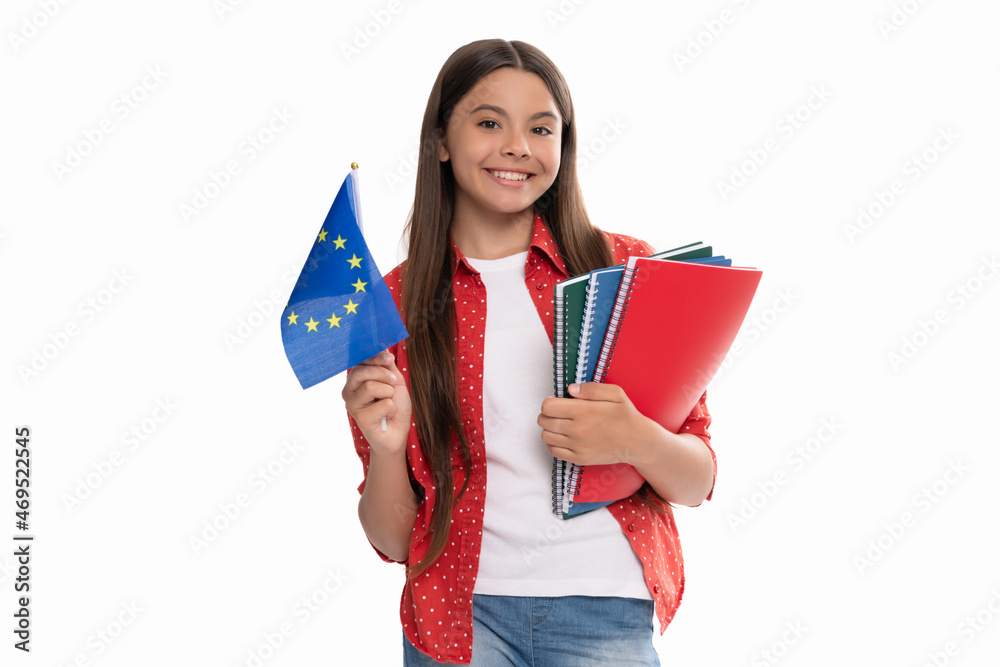 happy teen girl hold european union flag and workbook. schengen ...