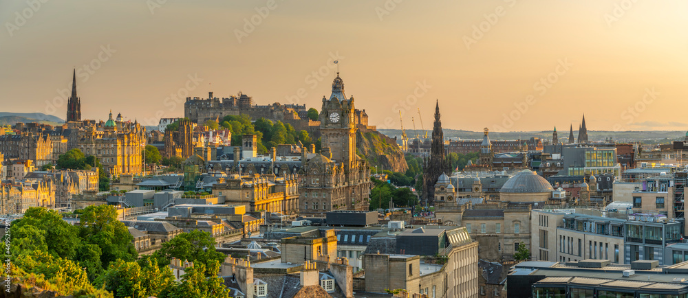 View of Edinburgh Castle, Balmoral Hotel and city skyline from Calton ...