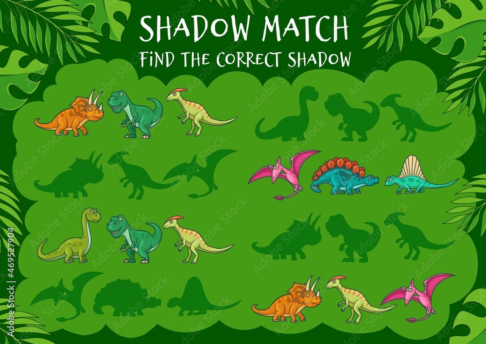 Find the correct dinosaur shadow, kids game or puzzle tabletop ...