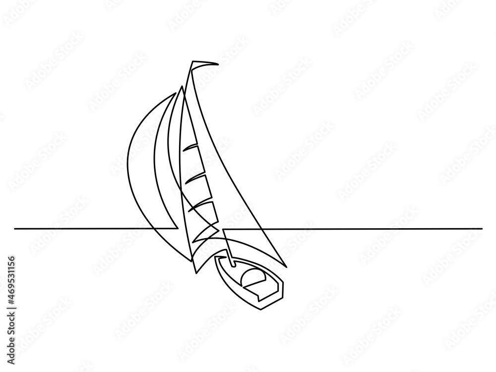 Sailboat under full sail at sea. Sailing logo. Continuous one line ...