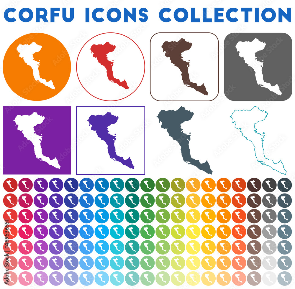 Corfu icons collection. Bright colourful trendy map icons. Modern Corfu ...