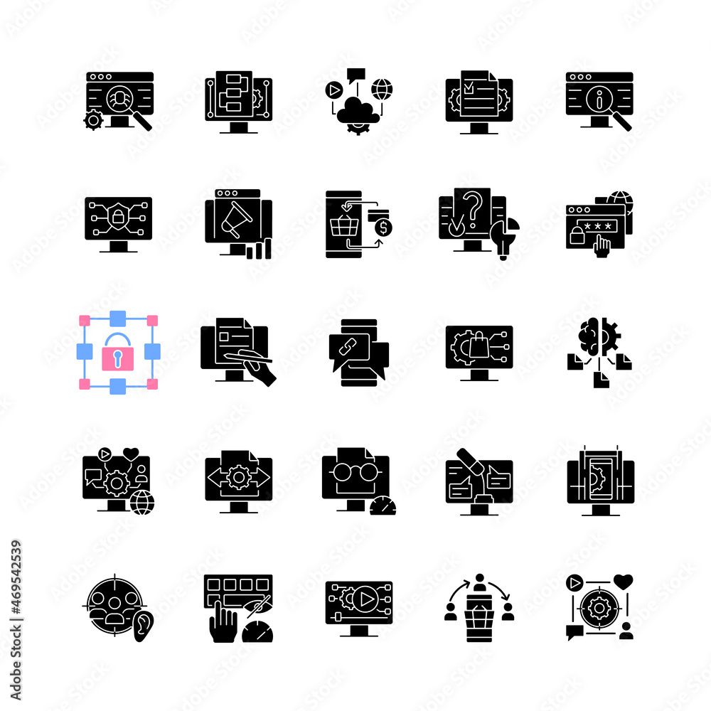 Digital skills black glyph icons set on white space. Gaining literacy ...