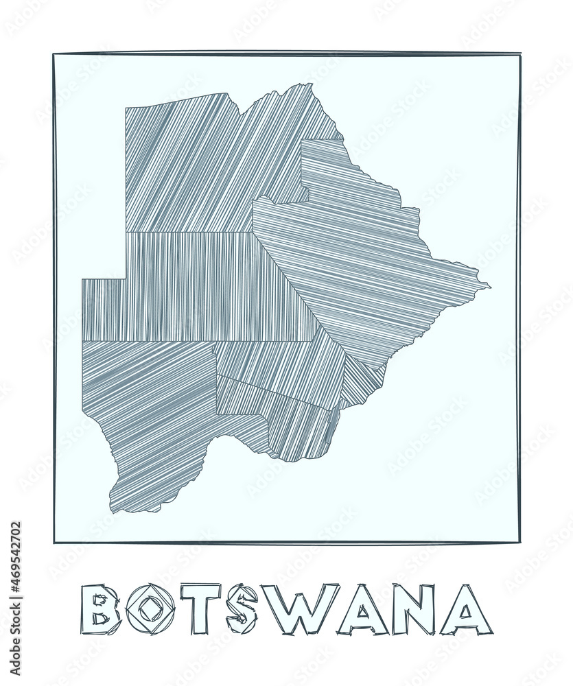 Sketch map of Botswana. Grayscale hand drawn map of the country. Filled ...