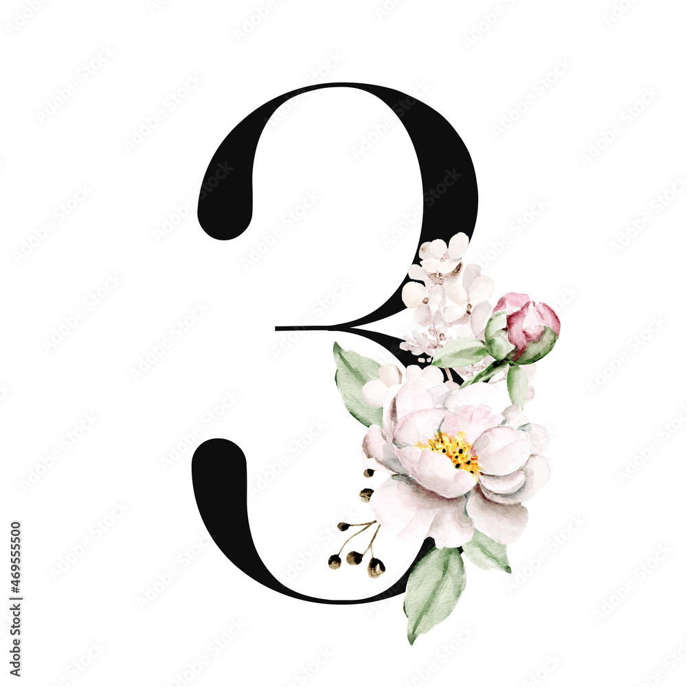 Number 3 with watercolor flowers peonies and leaf. Perfectly for ...