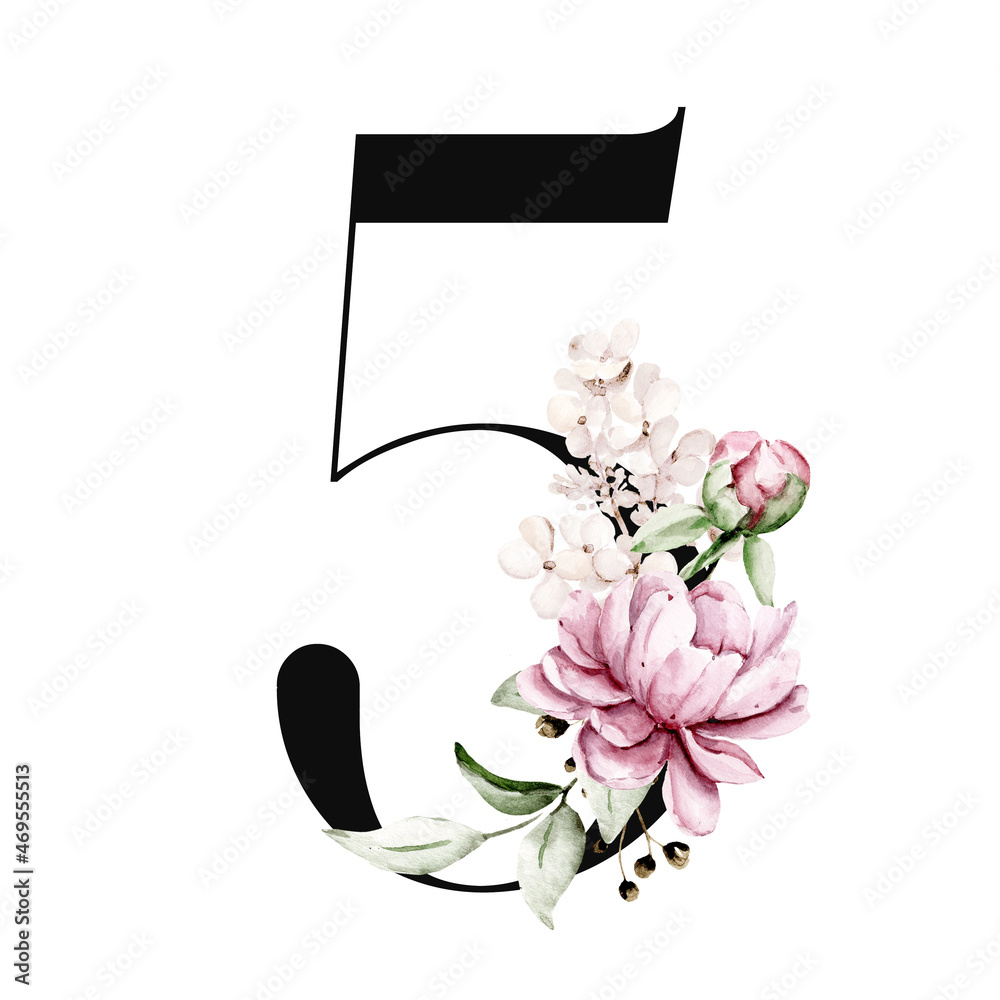 Number 5 with watercolor flowers peonies and leaf. Perfectly for ...