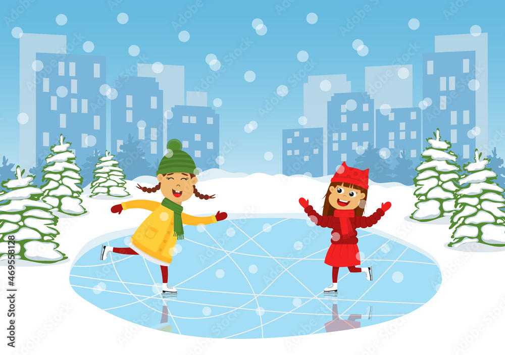 Cute smiling girls ice skating on rink. Winter scene with a city on ...