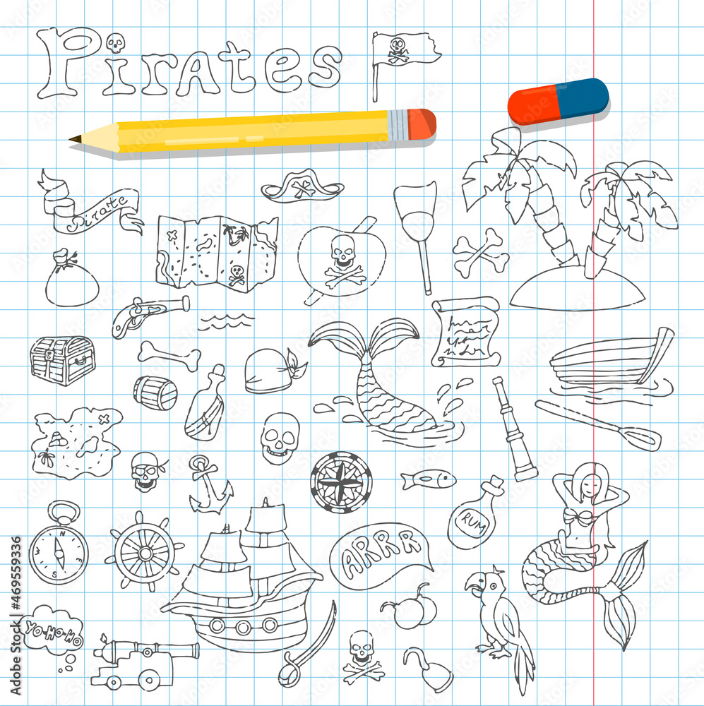 Vector doodle pirate set. A map with a hand-drawn sketch of a mermaid ...
