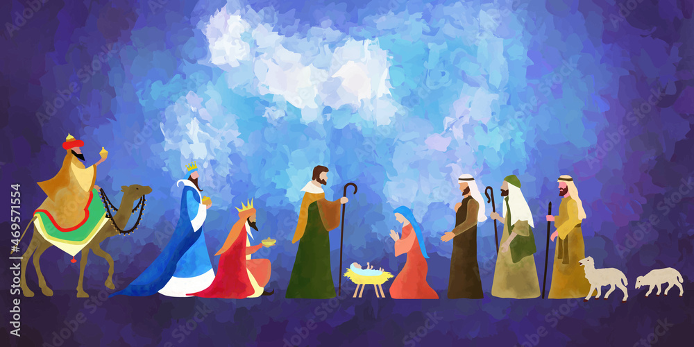 Christmas Nativity scene. Hand drawn background illustration. Vector ...
